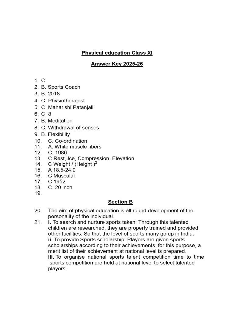 Physical Education Class XI Answer Key 2025-26 | PDF | Olympic Games