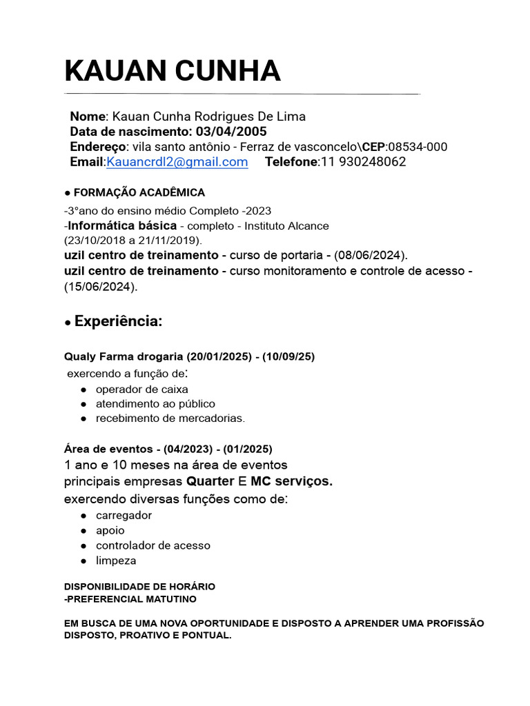 Currículo de Kauan Cunha Rodrigues | PDF