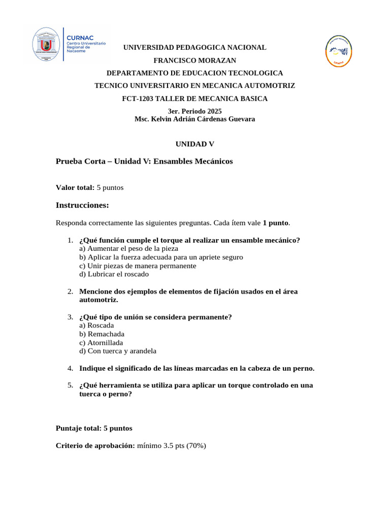 Prueba Corta V Unidad | PDF