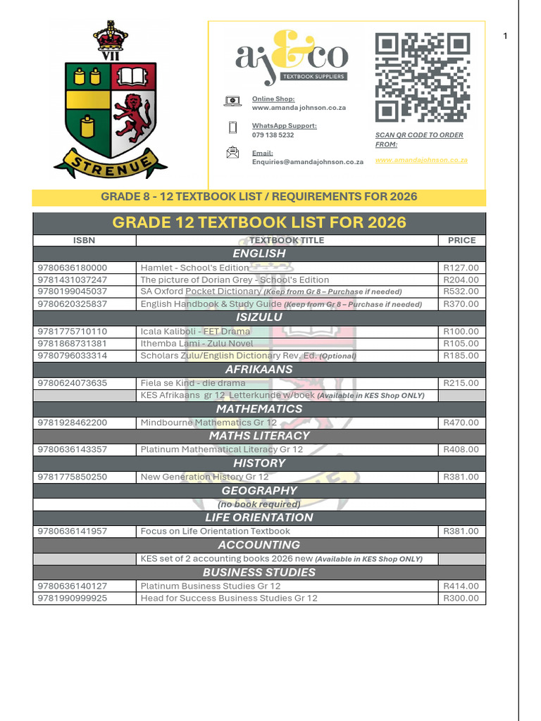 Grade 12 Textbook List 2026 | PDF
