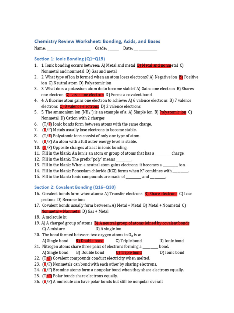 Chemistry Review Worksheet Bonding Acids Bases | PDF | Ion | Chemical Bond