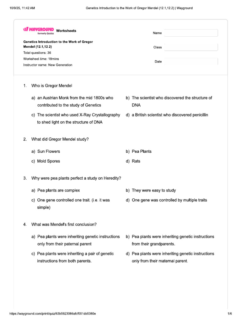 The Work of Gregor Mendel Worksheet | PDF