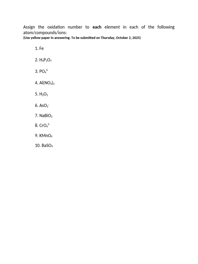 Activity on Assigning Oxidation Numbers | PDF