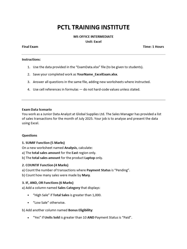 Excel Exam for Data Analysts Training | PDF
