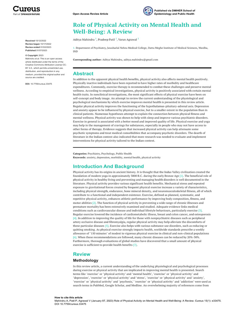 Role of Physical Activity On Mental Health and Well-Being: A Review ...