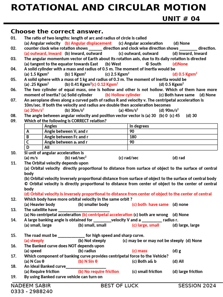 Rotational and Circular Motion Quiz | PDF | Rotation Around A Fixed ...