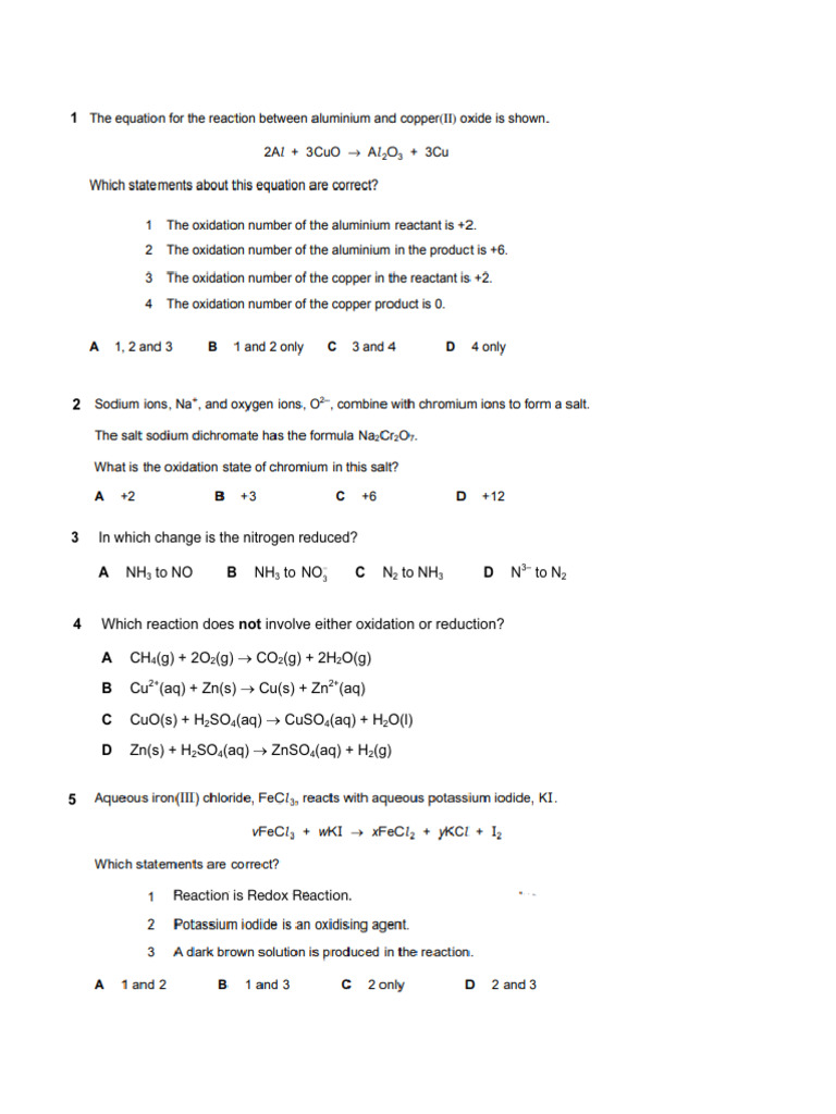 UNIT 4 Redox Reaction Test 2025 | PDF | Chlorine | Redox