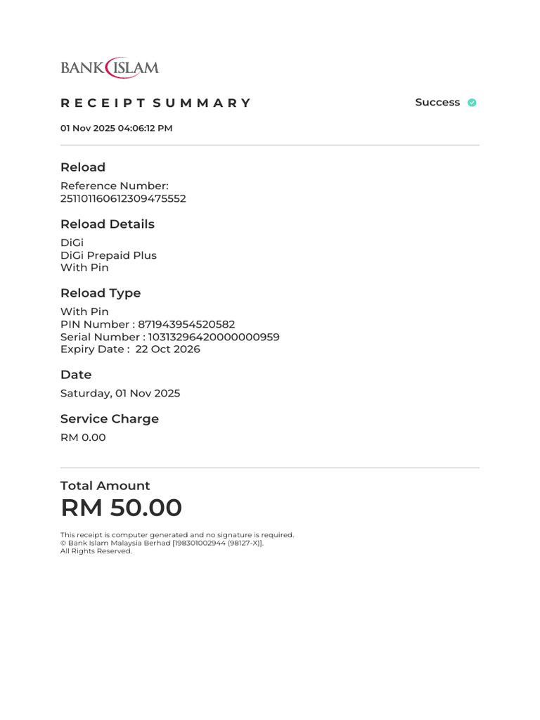 DiGi Prepaid Plus Reload Receipt | PDF
