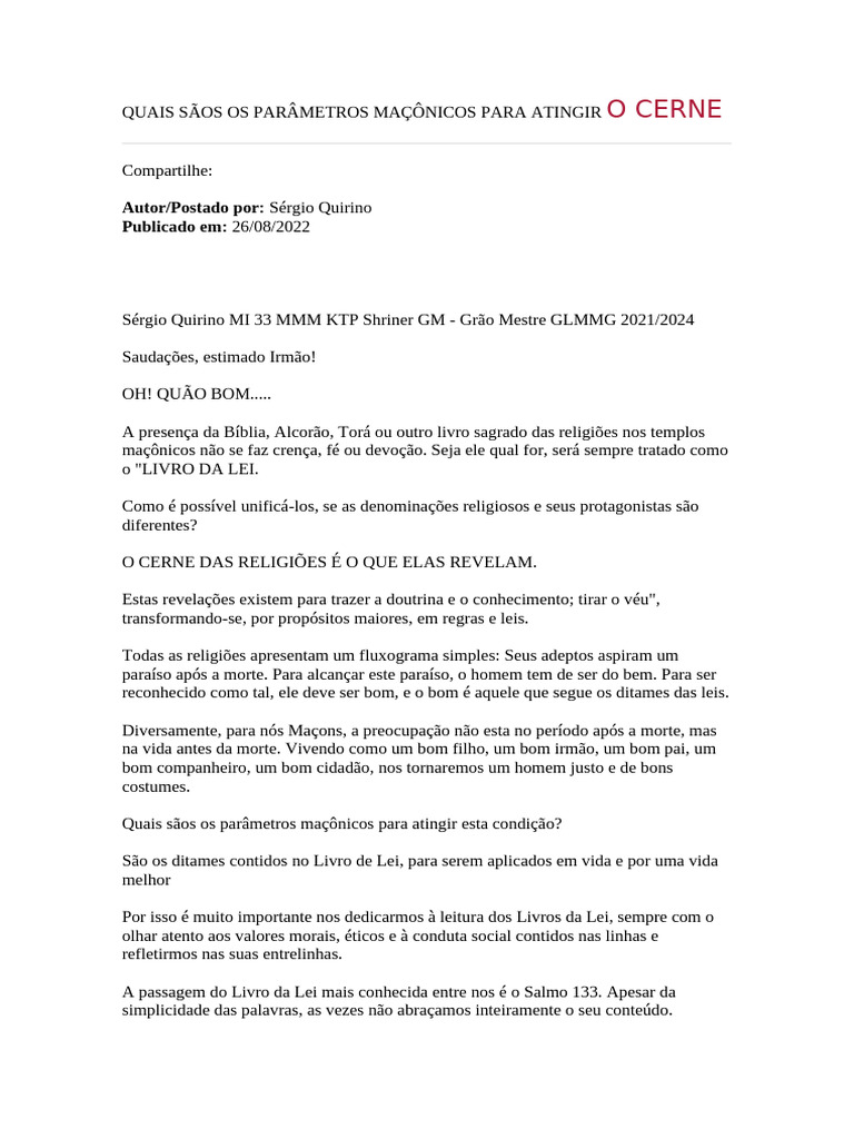 Quais Sãos Os Parâmetros Maçônicos para Atingir o Cerne | PDF ...