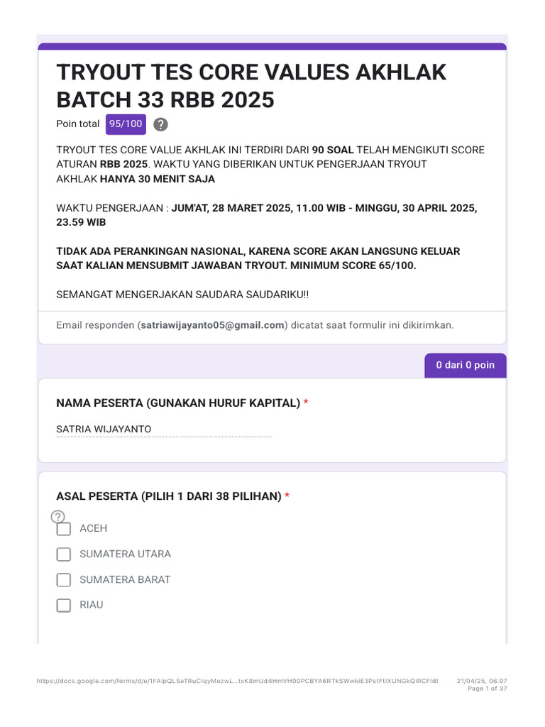 Tryout Tes Core Values Akhlak 2025 | PDF