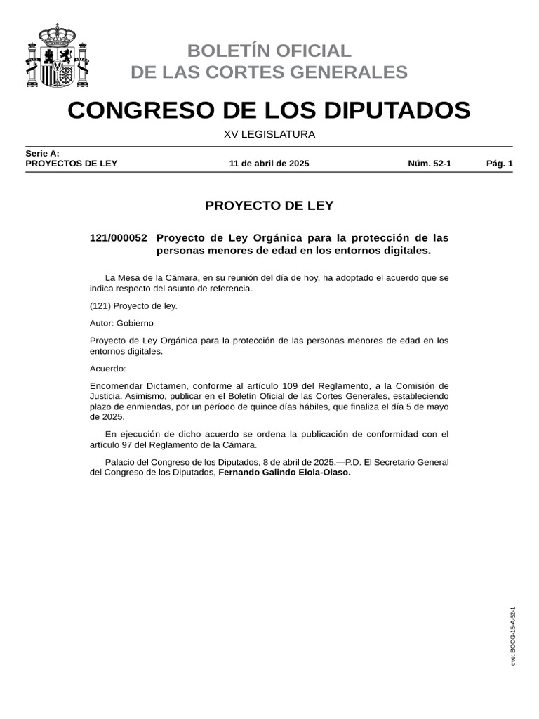 Bocg 15 A 52 1 | PDF | Derechos de los niños | Cortes Generales