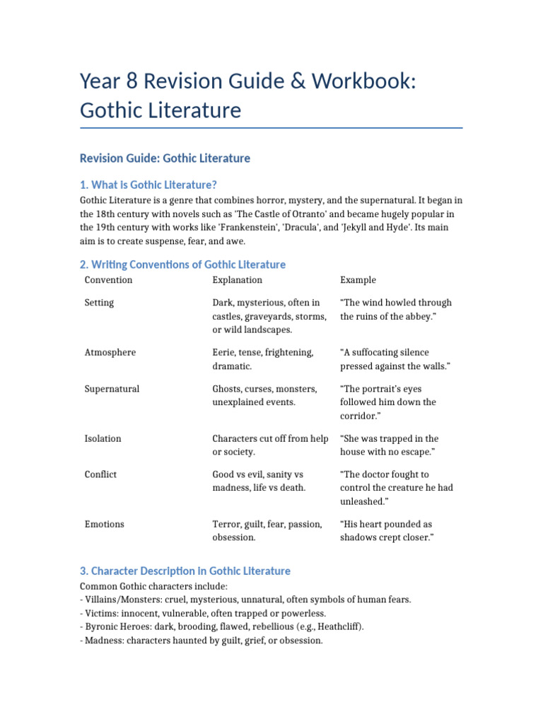 Y8 Gothic Literature Revision Workbook | PDF | Gothic Fiction | Horror ...