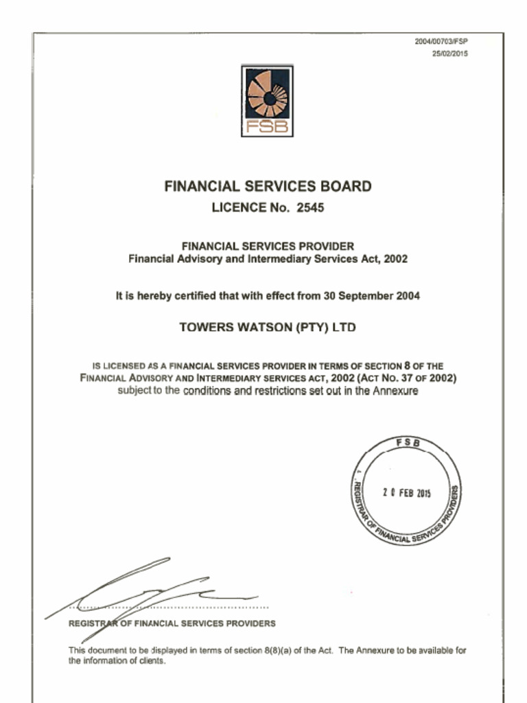 FSCA Certificate Towers Watson South Africa | PDF