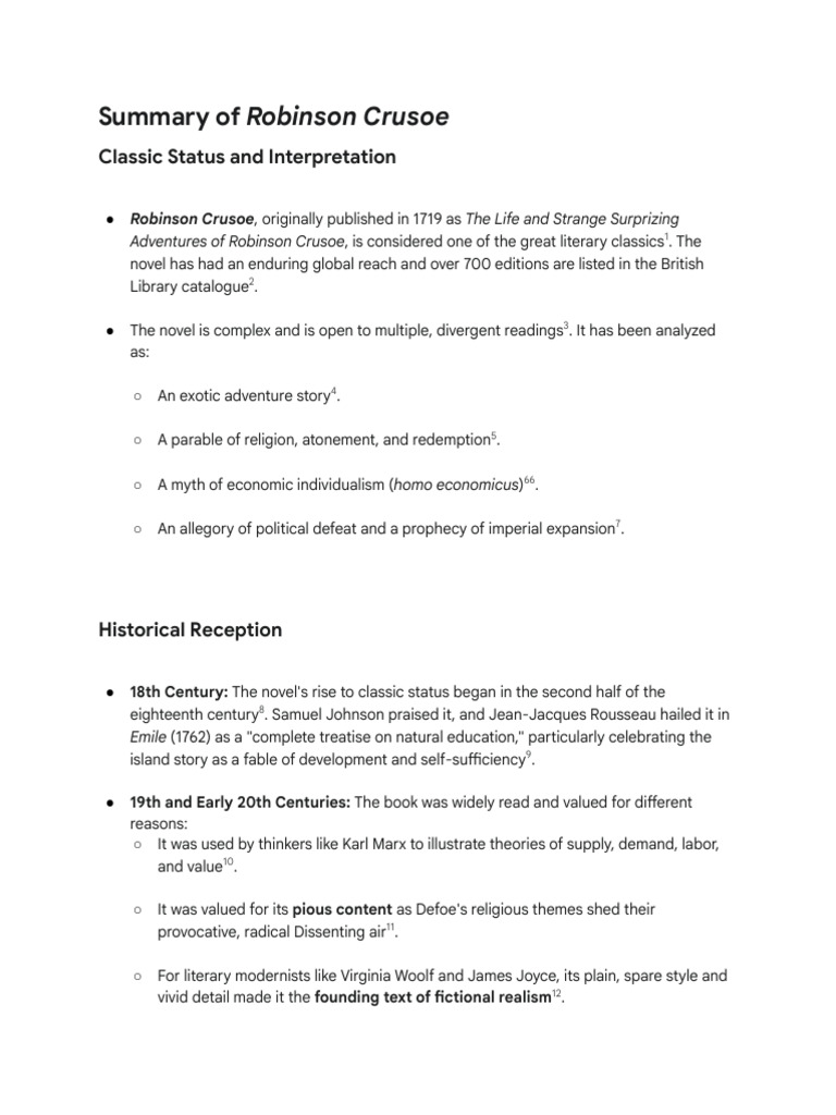 Robinson Crusoe - Summary and Analysis School Notes | PDF | Robinson ...