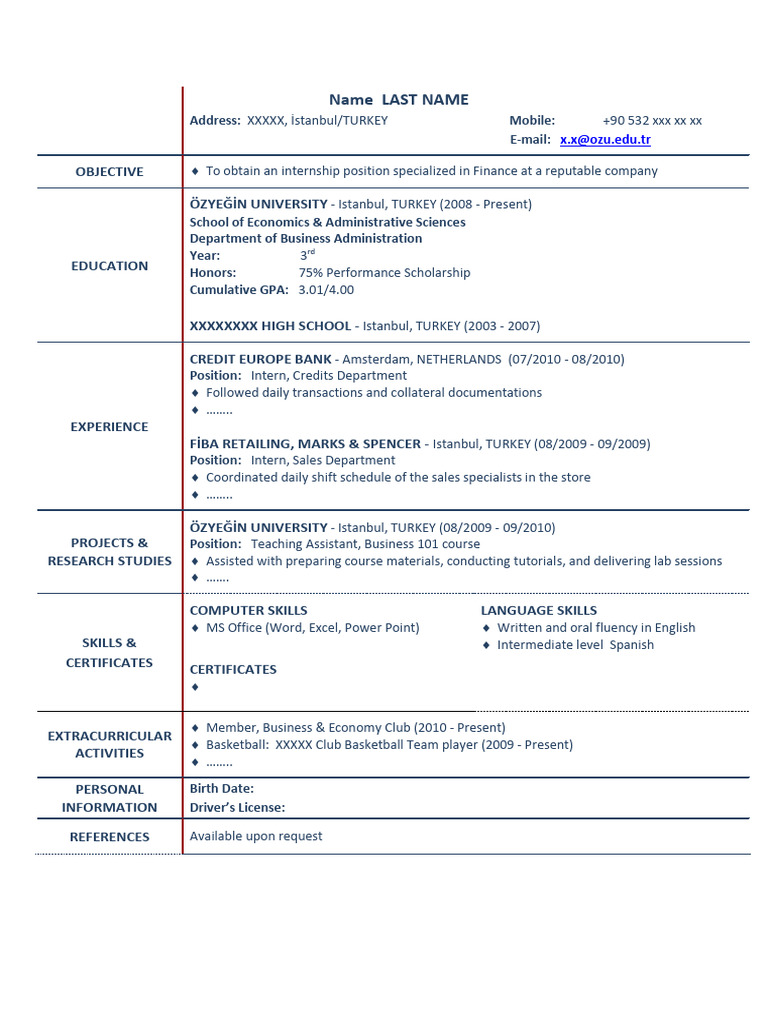 Finance Internship Resume Template | PDF