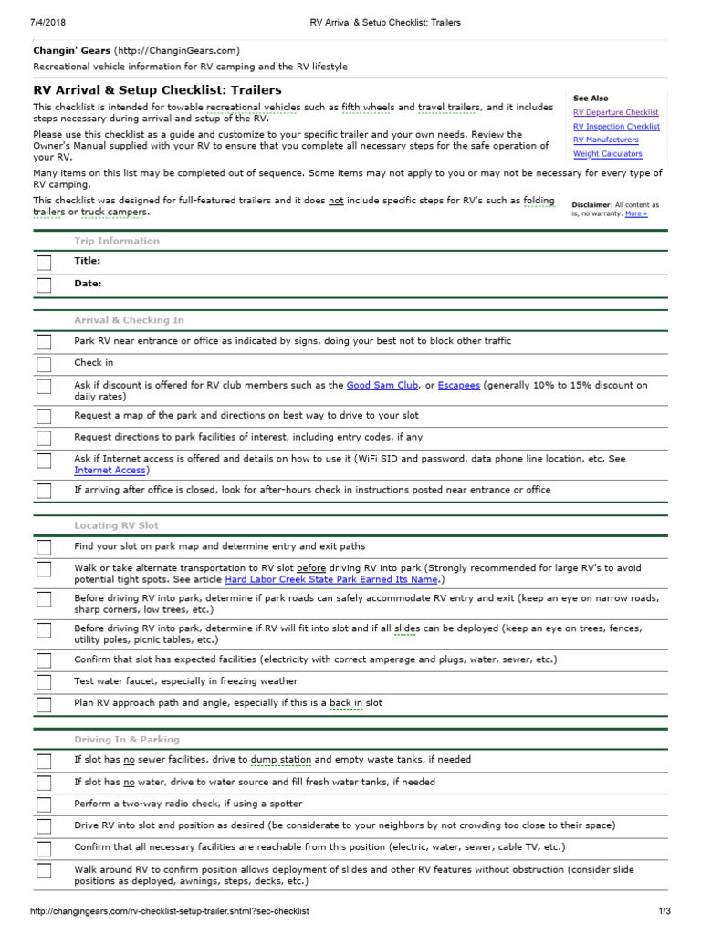 RV Arrival & Setup Checklist - Trailers | PDF | Recreational Vehicle ...