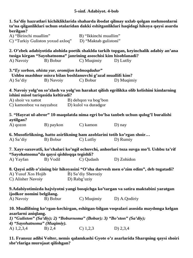 5-Sinf 4-Bob Test | PDF