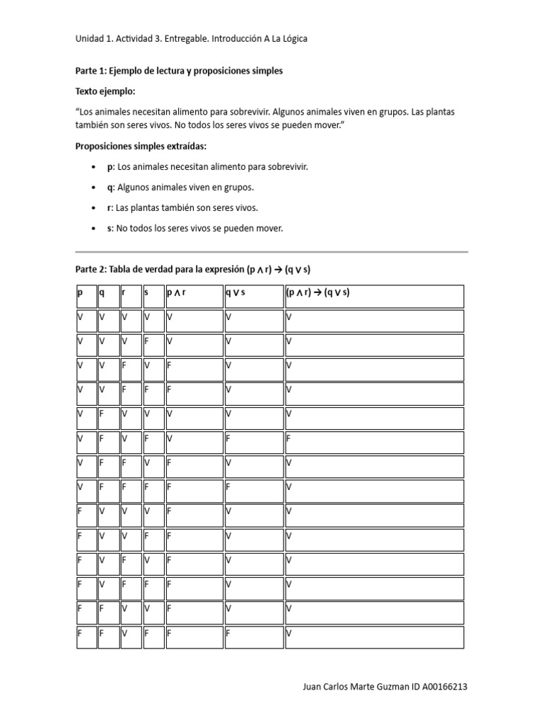 Unidad 1. Actividad 3. Entregable. Introducción a La Lógica | PDF | Proposición | Sintaxis (Lógica)