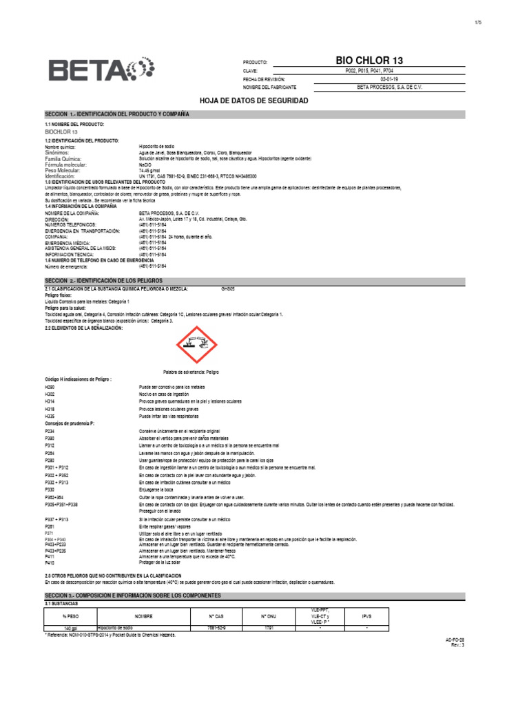 Hoja de Seguridad Biochlor 13 | PDF | Agua | Cloro