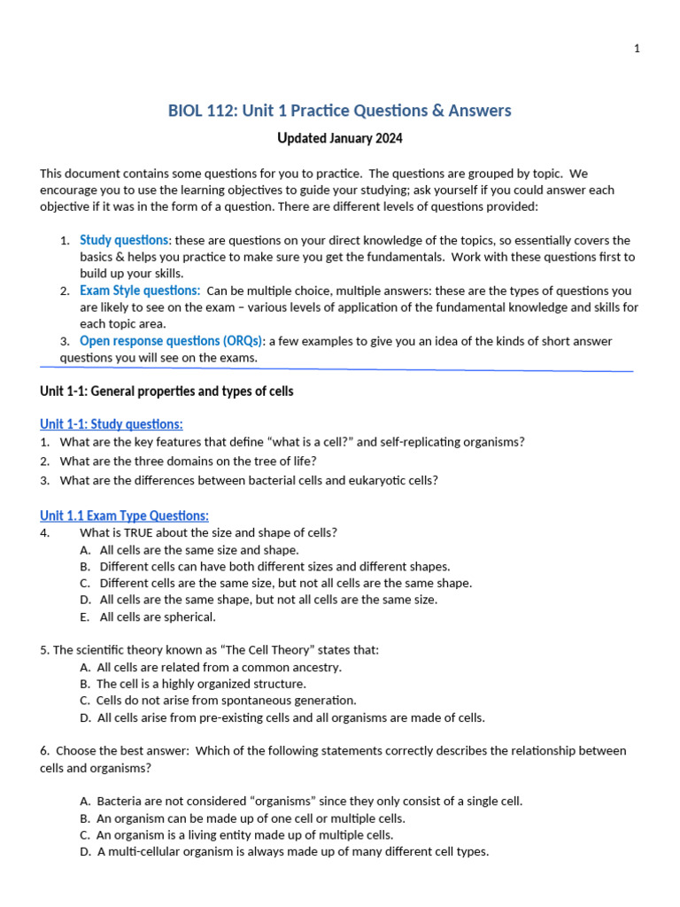 Unit 1 Practice Questions Q Only STUDENTJan24 | PDF | Amino Acid | Cell ...