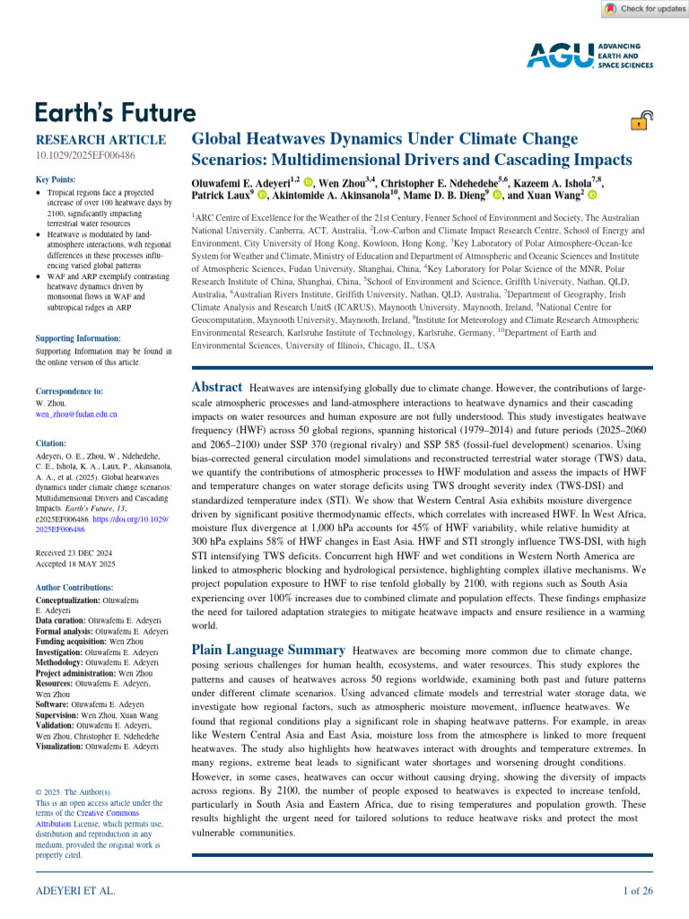 Earth S Future - 2025 - Adeyeri - Global Heatwaves Dynamics Under ...