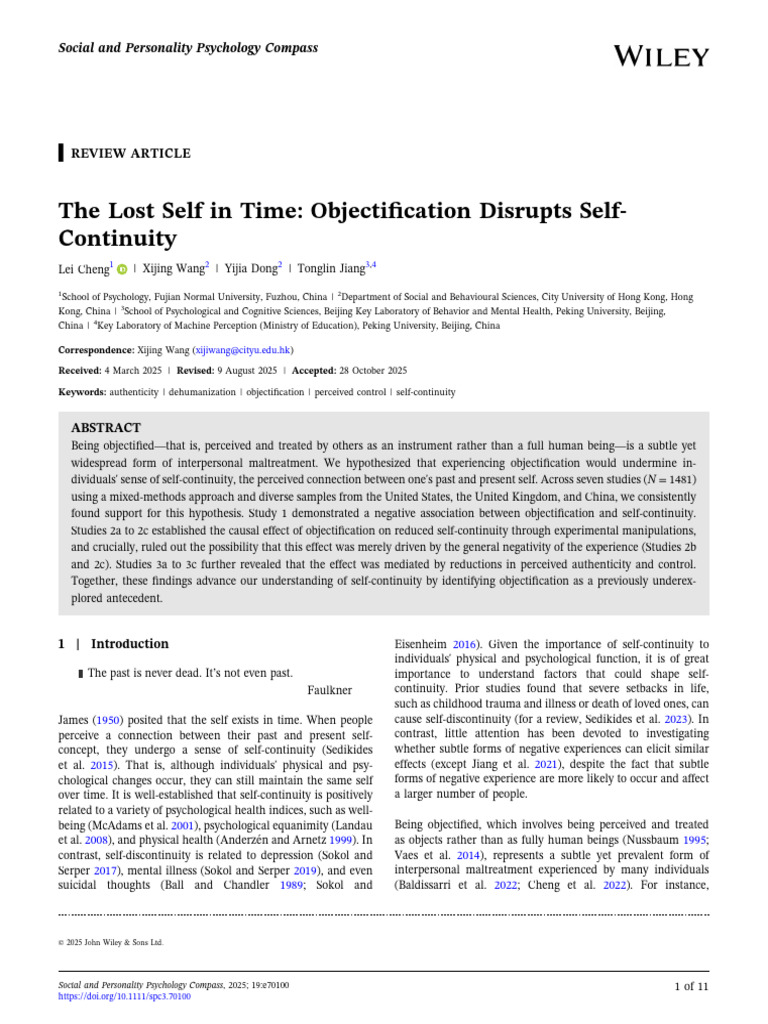 The Lost Self in Time Objectification Disrupts Self Continuity | PDF ...