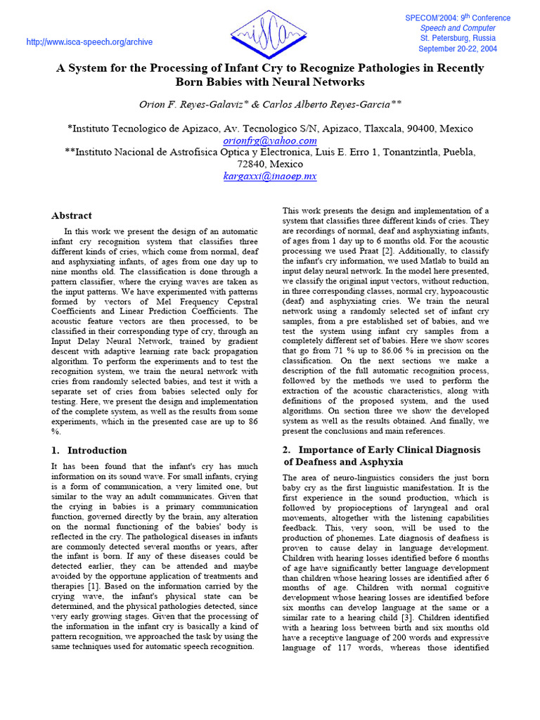 A System For The Processing of Infant Cry To Recognize 45f06m9xjo | PDF ...