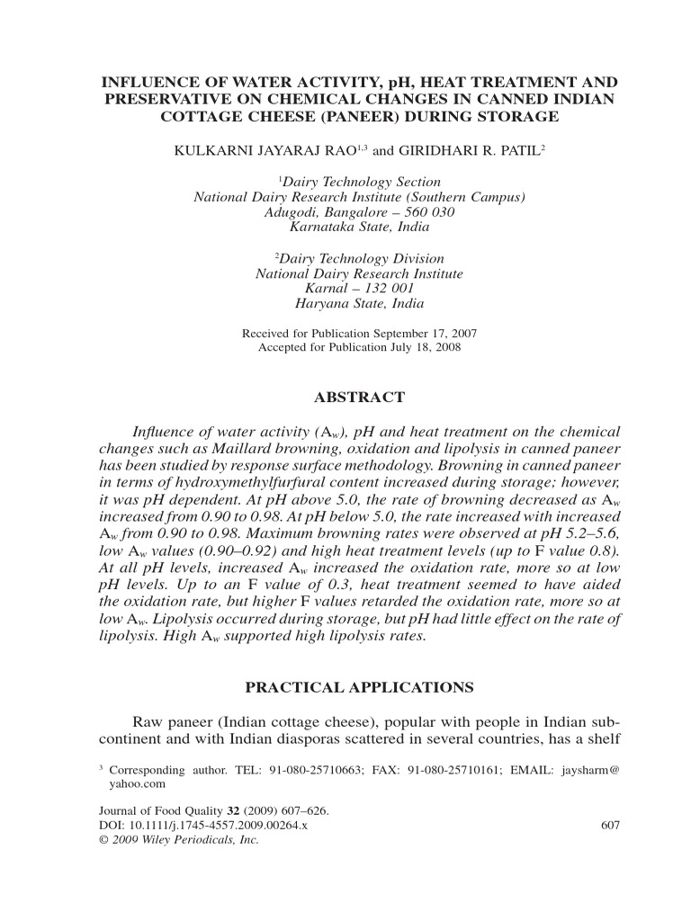 Journal of Food Quality - 2009 - Rao - Influence of Water Activity PH ...