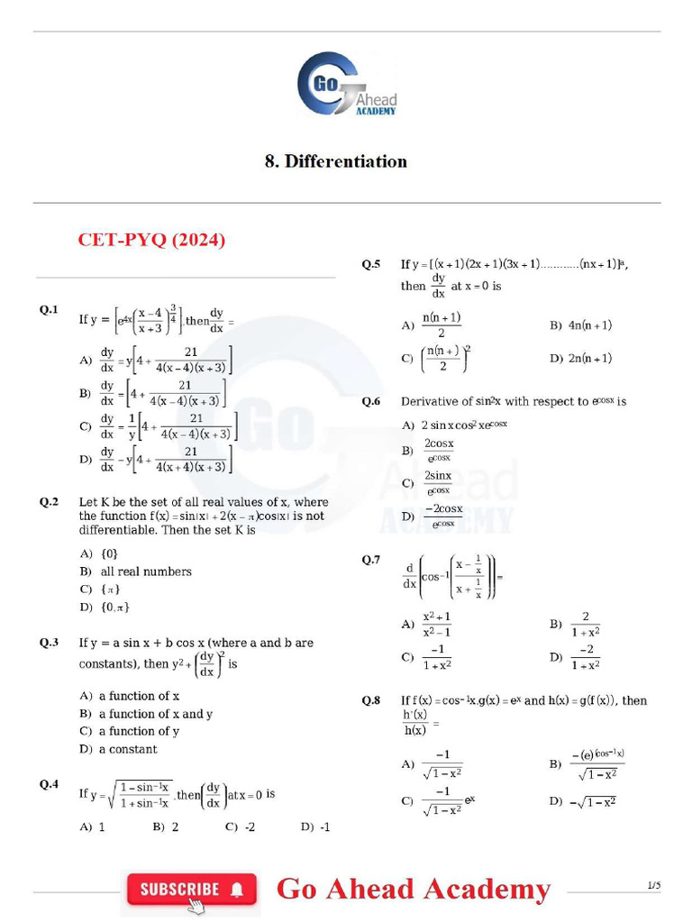 PYQ 9. Differentiation Maths | PDF