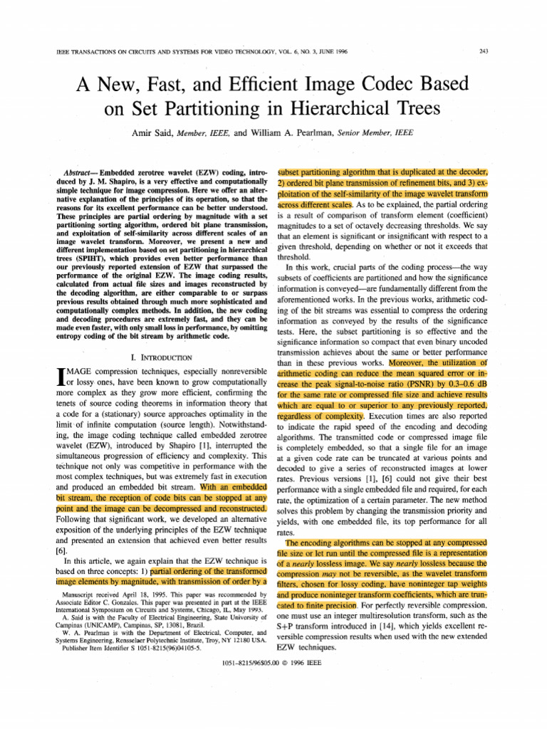A New Fast and Efficient Image Codec Based On Set Partitioning in Hierarchical Trees | PDF ...
