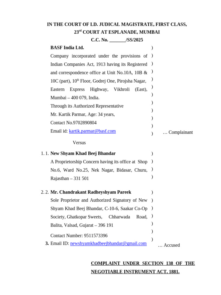 Complaint BASF vs. New Shyam Khad Beej Bhadnar Overdue Interest Amount ...