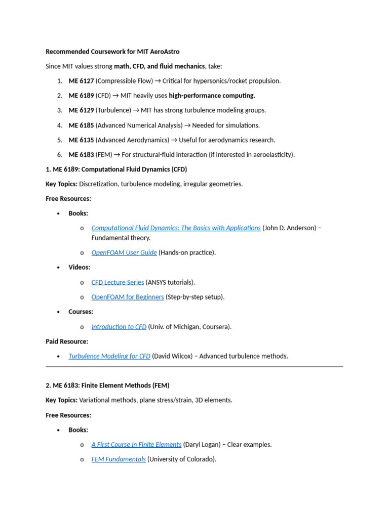 MIT AeroAstro Recommended Courses | PDF | Computational Fluid Dynamics ...