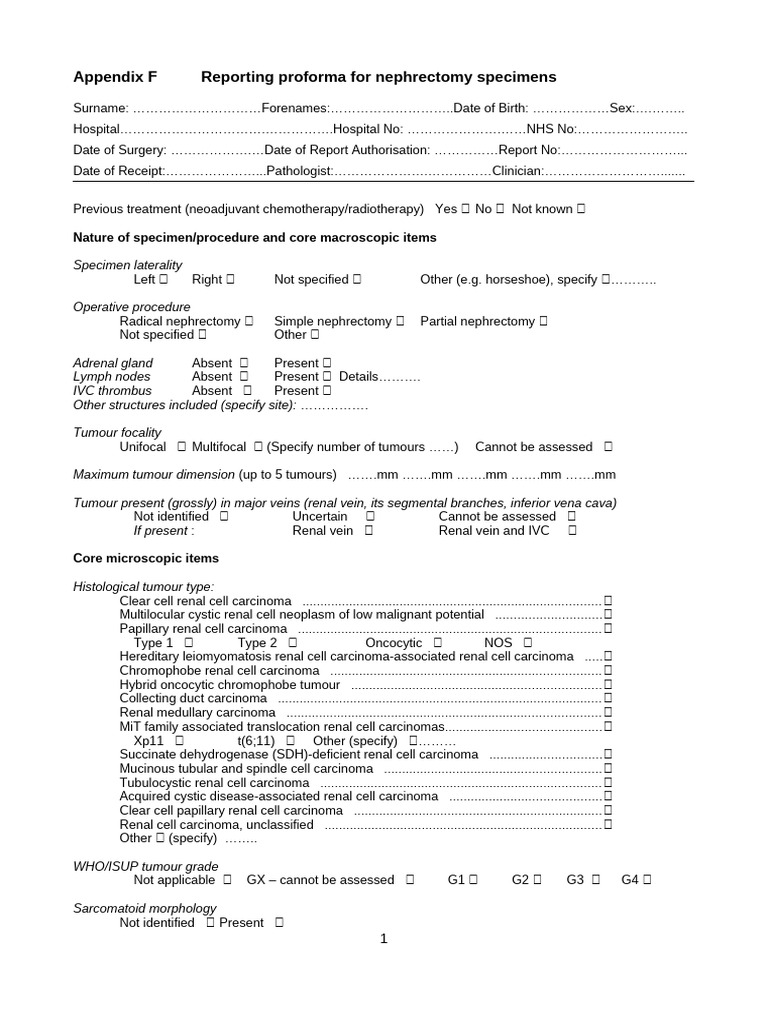 Appendix F Reporting Proforma For Nephrectomy Specimens | PDF | Carcinoma | Cancer
