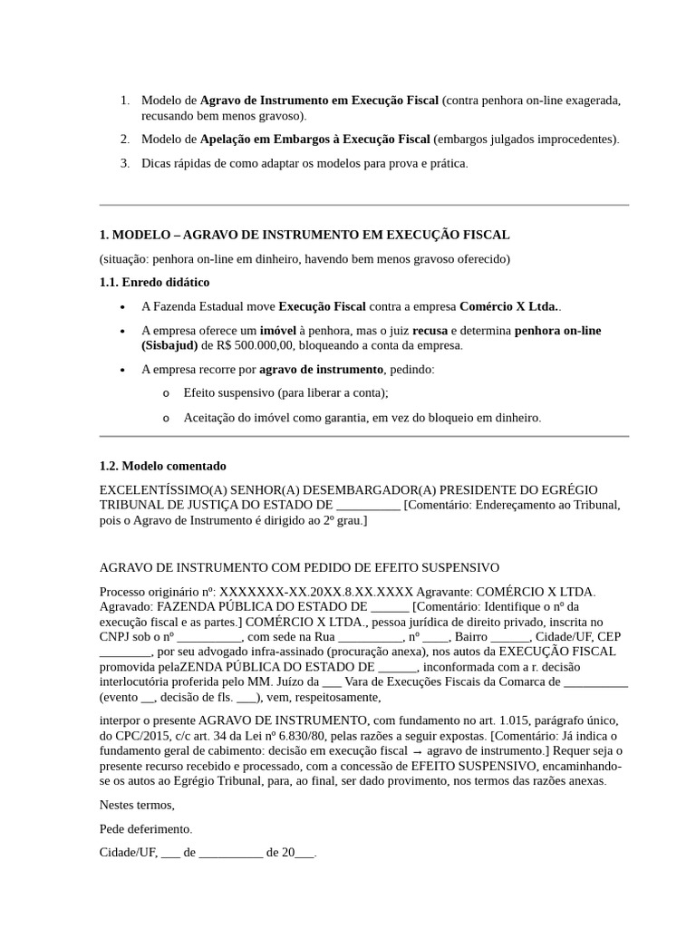 Modelo de Agravo de Instrumento em Execução Fiscal | PDF | Sentença ...