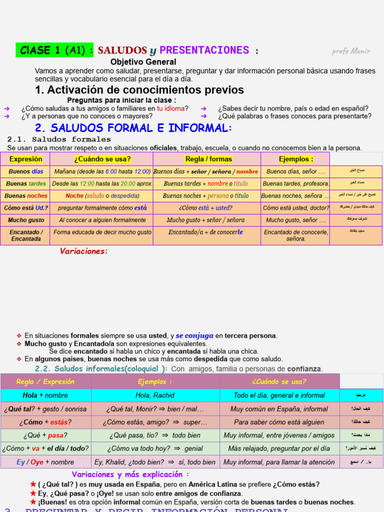 Clase A1 - Saludos y Presentación | PDF | Lengua española | Verbo