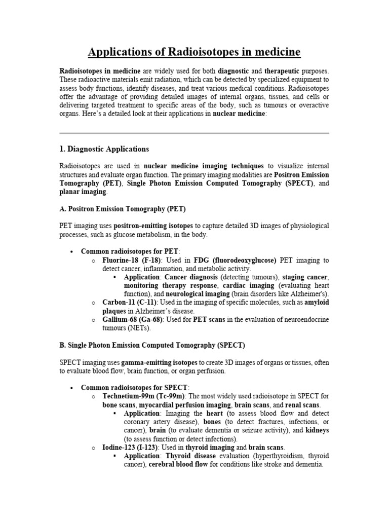 Applications of Radioisotopes in Medicine | PDF | Positron Emission ...