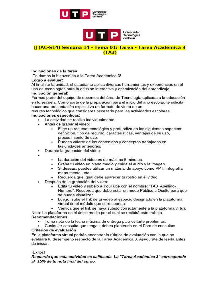 ? (AC-S14) Semana 14 - Tema 01 Tarea - Tarea Académica 3 (TA3 ...