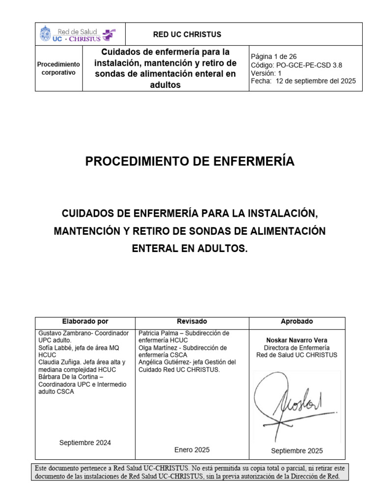 Instalación y Manejo de Sonda de Alimentación en Adultos V1 2025 RED | PDF | Medicamentos con ...