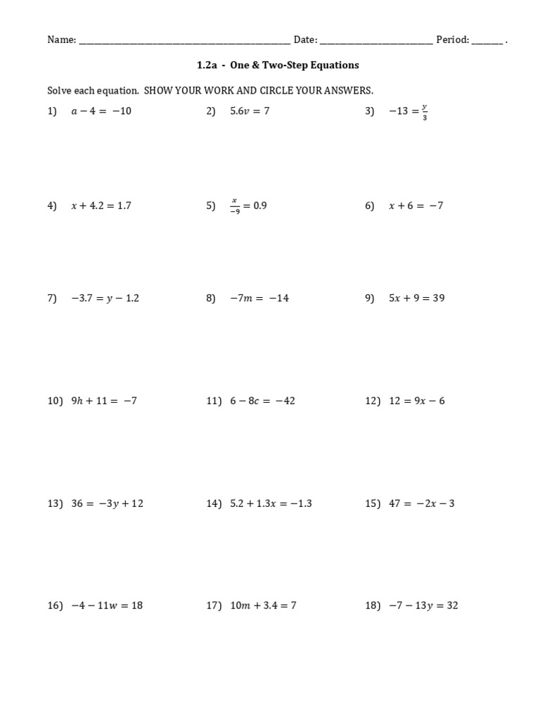 1.2a WKSHT One & Two-Step Equations | PDF
