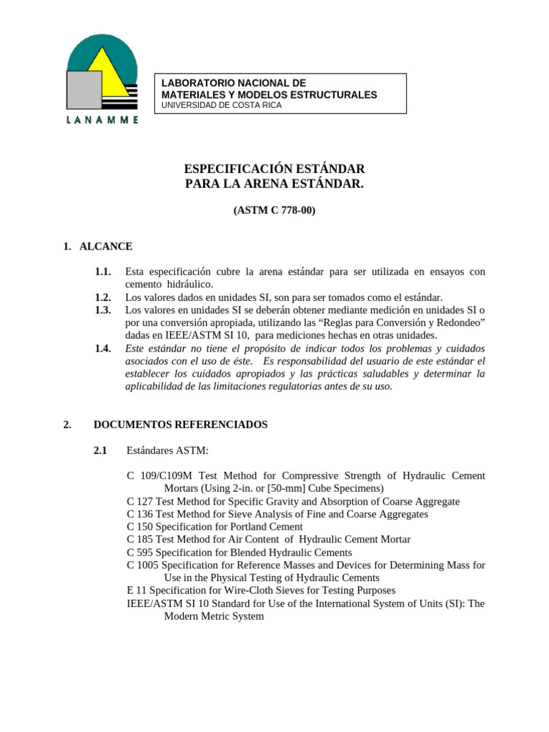 Especificación de Arena Estándar ASTM C 778 | PDF | Muestreo ...