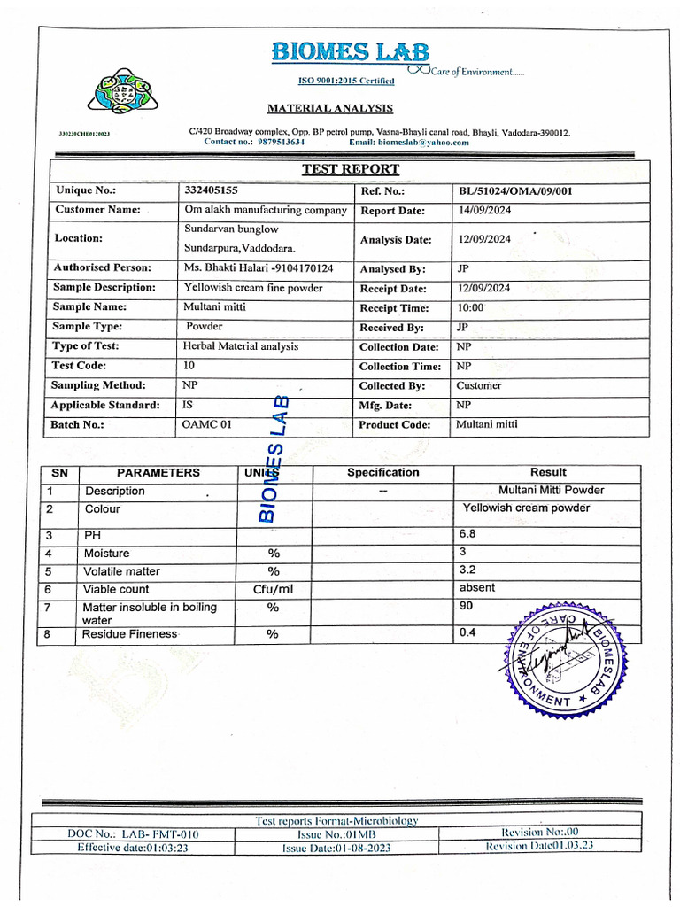 Multani Mitti Test Certificate | PDF