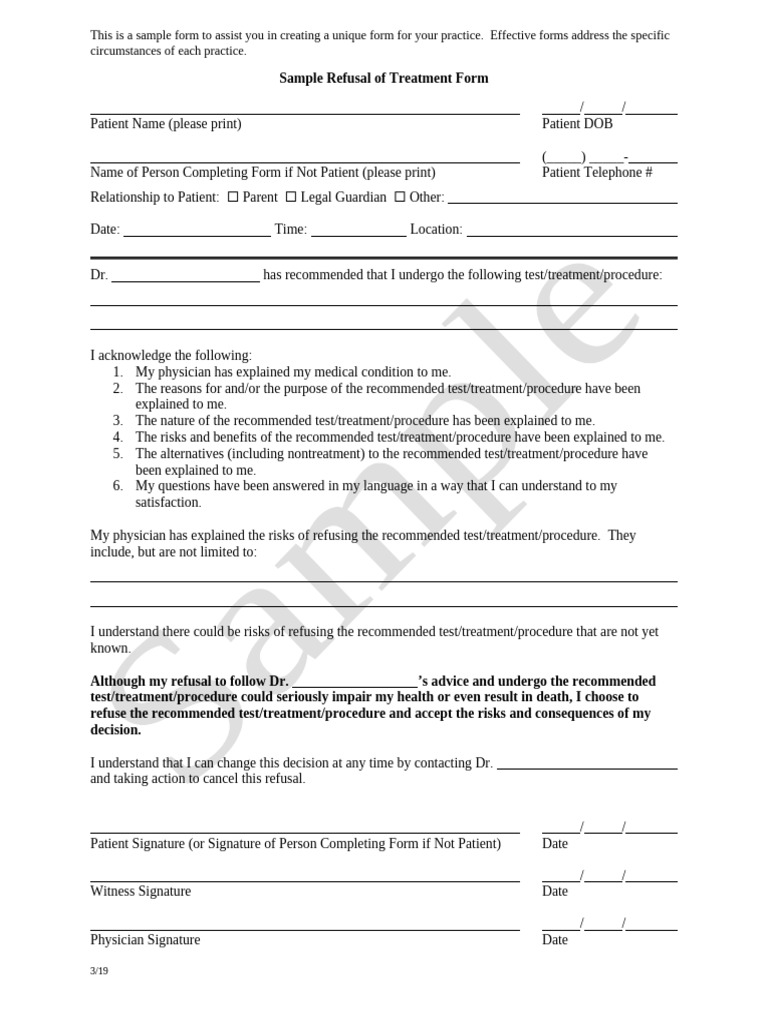 Sample Refusal of Treatment Form | PDF | Patient | Health Care