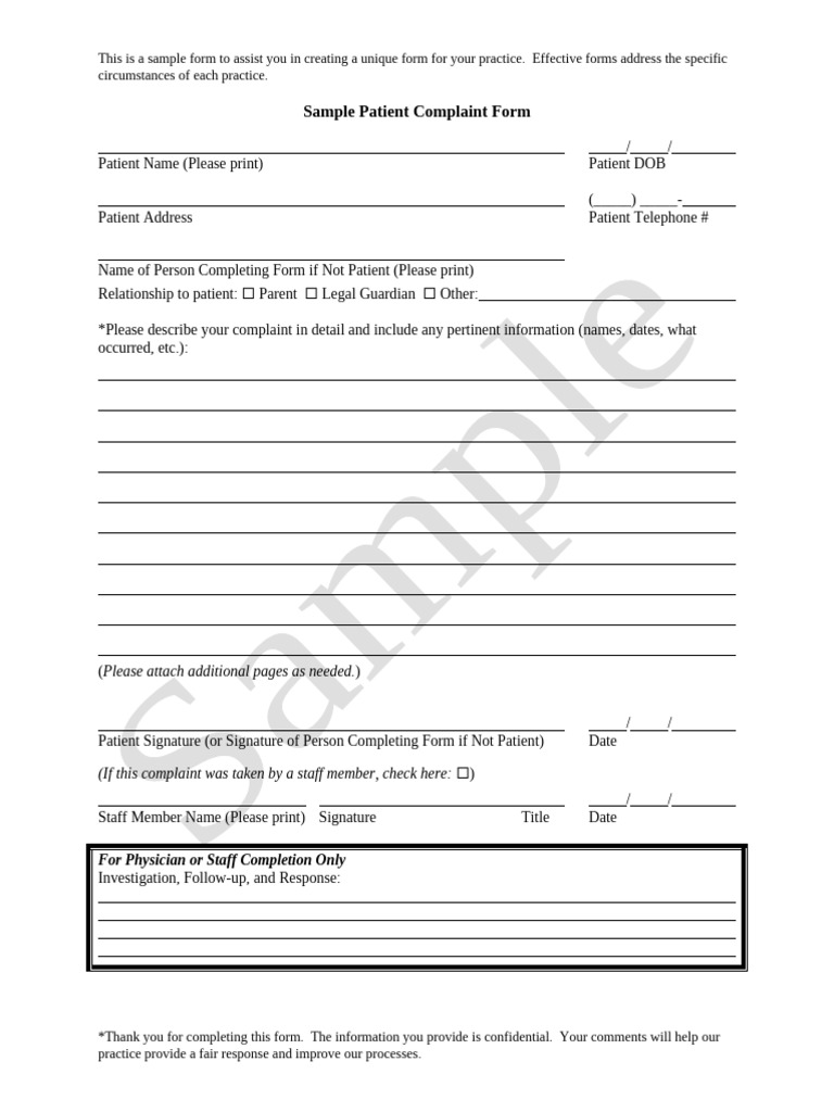 Proassurance Sample Patient Complaint Form | PDF