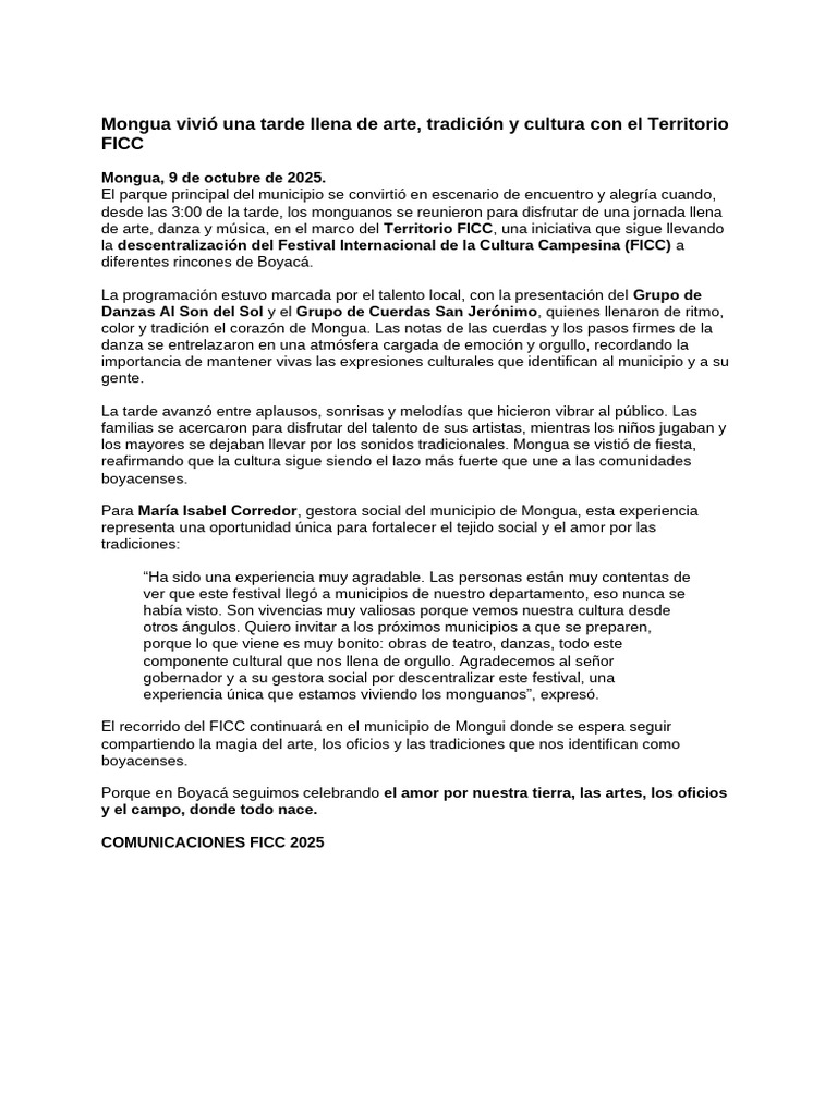 Mongua vivió una tarde llena de arte, tradición y cultura con el Territorio FICC | PDF