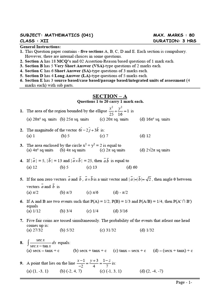 Class 12 Mathematics Question Paper | PDF | Algebra | Geometry