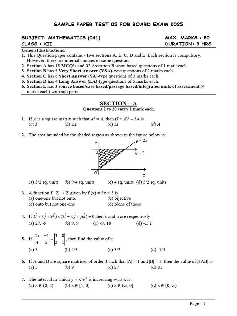 Mathematics Sample Paper for Class XII | PDF | Equations | Area