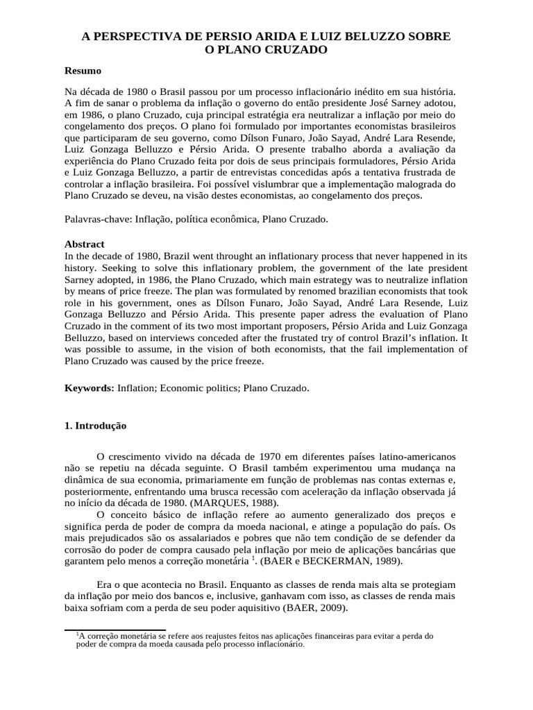 Avaliação do Plano Cruzado por Arida e Belluzzo | PDF | Inflação | Economia