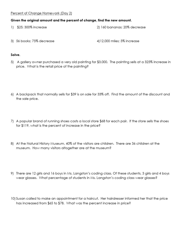 Percent Change Homework Day 2 | PDF