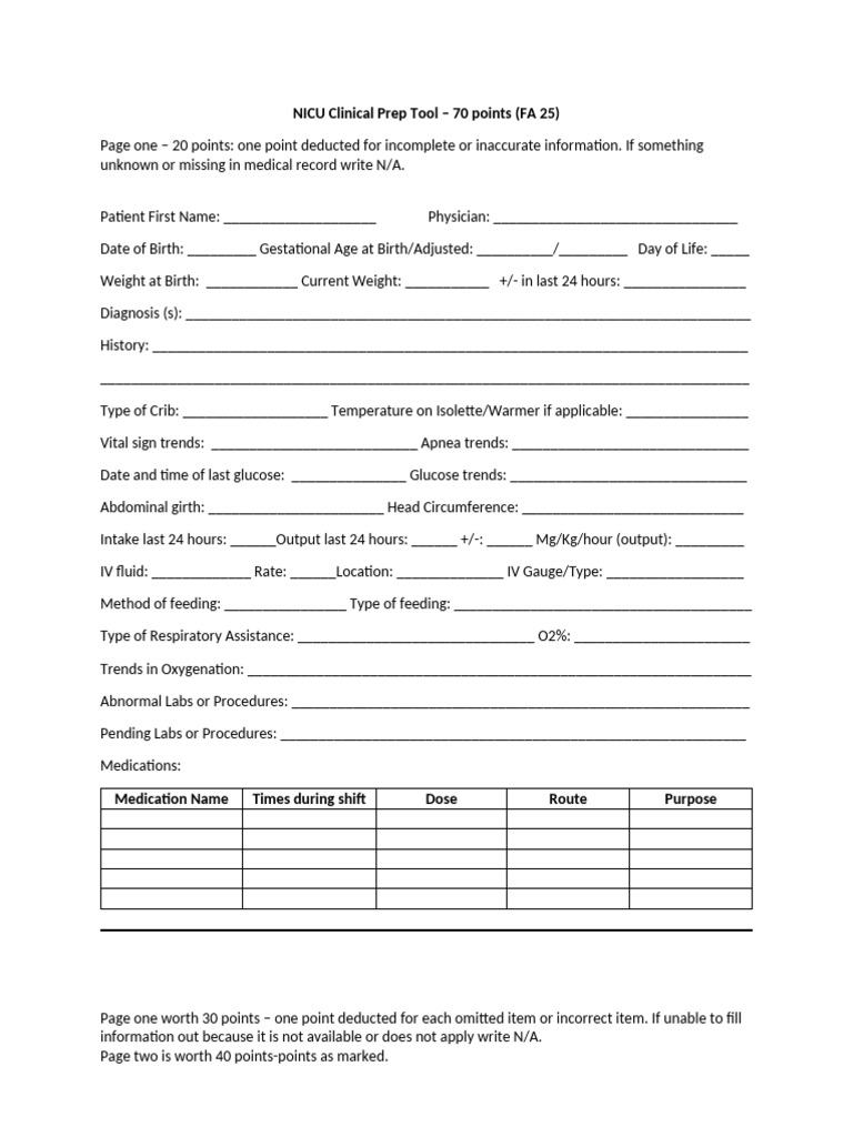 NICU Clinical Prep Tool Revised FA 25(1) (1) | PDF | Neonatal Intensive ...