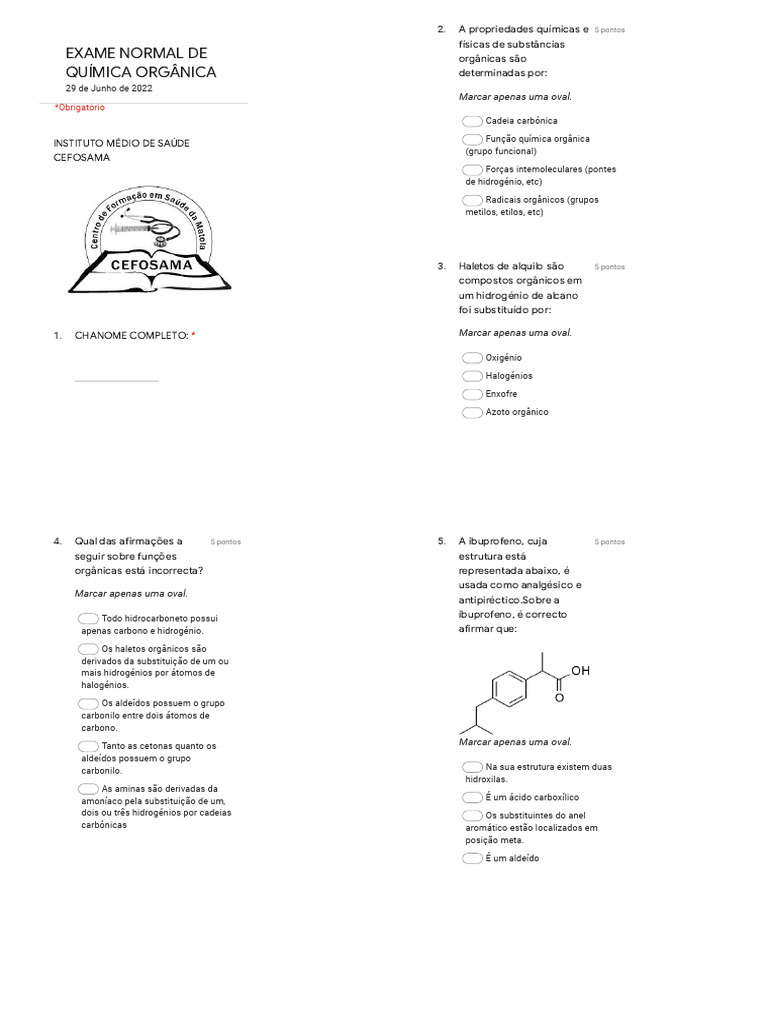 Exame de Química Orgânica CEFOSAMA | PDF | Aldeído | Compostos orgânicos